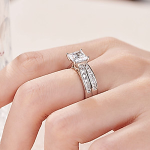 SHELOVES Wedding Ring Set Princess Cut Cubic Zirconia Sterling Silver Engagement Bridal Rings Sz 7