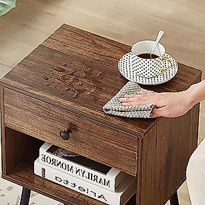 VECELO Nightstands Set of 2 Industrial 2-Tier Night Stand/Side Drawer, Wood Mid Century End Tables for Small Places, Bedrooms, Living Room, Home, Farmhouse, Rustic Brown