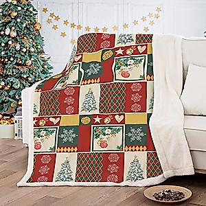 Christmas Red Plaid Throw Blanket, Soft Fluffy Sherpa Fleece Throws for Bed Sofa Xmas Tree Snowflake Print Pattern Blankets Christmas Decoration Gift for Kids Adults 50"x 60"