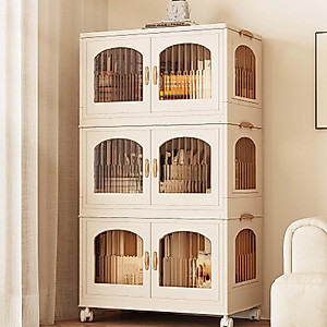 Collapsible Storage Bins with Wheels and Lid - 3 x 21.6GAL Extra Large Stackable Storage Containers, 245 Quart Plastic Foldable Closet Organizers and Storage Cabinet for Bedroom, Dorm, White