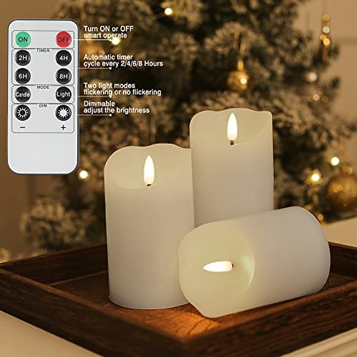 LUSHARBOR Flameless Candles, Battery Operated Real Wax LED Flickering Candles with 10Key Remote Control and Timers, Fake Electronic Candle for Christmas Party Room Home Decor, Set of 3(White)