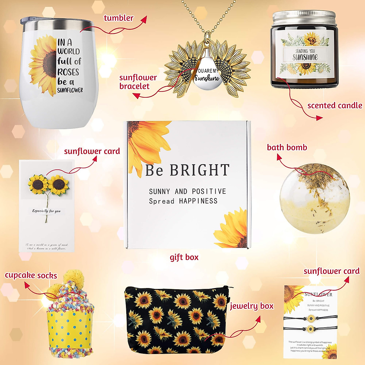 Sunflower Gifts For Women, Sunflower Gifts For Friends, Birthday Gifts For Women Her Mom Daughter, Spa Relaxing Gift For Sunflower Lover, Sunflower Necklaces, Sunflower Tumbler With Candle&Bath Bombs