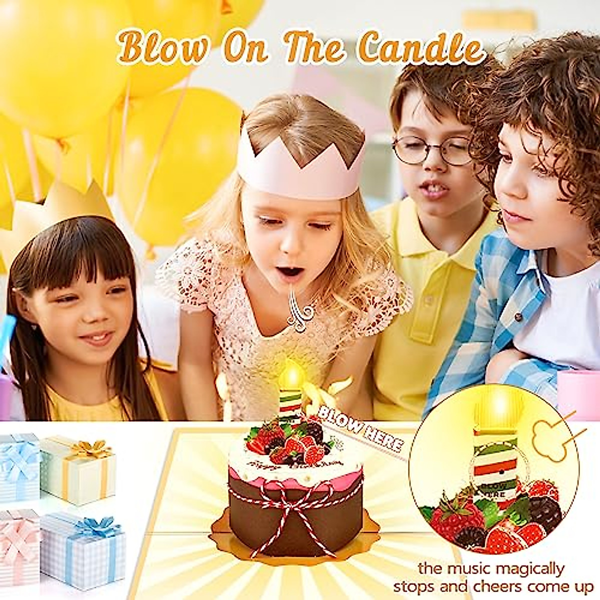 FITMITE Birthday Cards, Large LIGHT & MUSIC 3D Pop Up Birthday Cards with LED Light Blowable Candle, Chocolate Cake Musical Birthday Cards Gifts for Women & Men, Mom & Dad, Wife,Sister,Kids,Friends