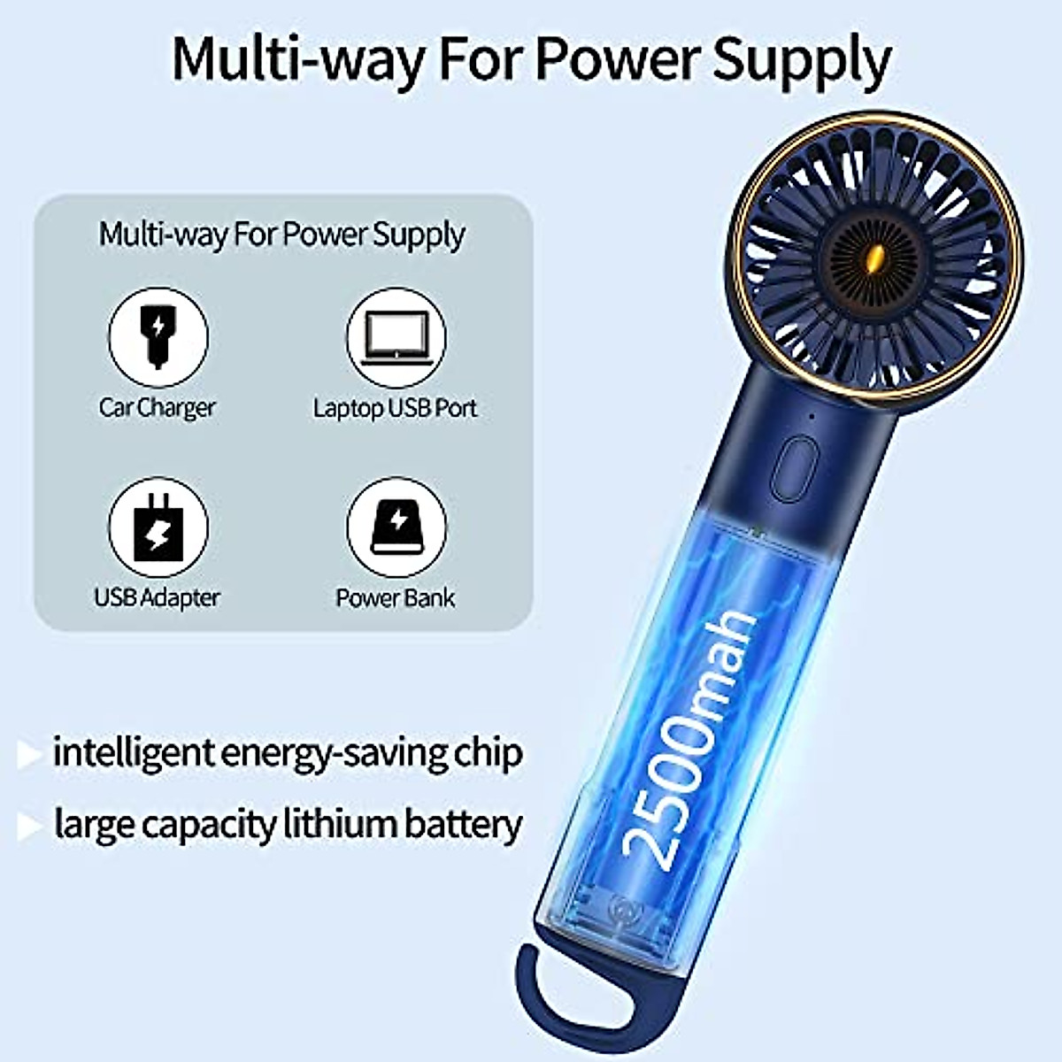 Handheld Fan, Mini Portable Fan USB Rechargeable with Hanging Hook, 3 Speeds, 3000mAh Personal Desk Turbo Fans, Small Pocket Fan for Indoor Outdoor Travel