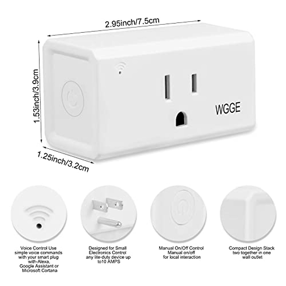 Smart Plug, WGGE WiFi Smart Plug Outlet Compatible with Alexa or Google Assistant, APP Remote Control Anywhere, Timer Function, No Hub Required, 2.4 Ghz Network Only (White / 2 Pieces)