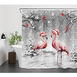 EOBTAIN Winter Christmas Shower Curtain for Bathroom Winter Scene Snowflake Pink Flamingo and Cardinal on Pine Tree Shower Curtain with 12 Hooks Snow Scenery Bathroom Curtains Shower Set 72x72 Inch