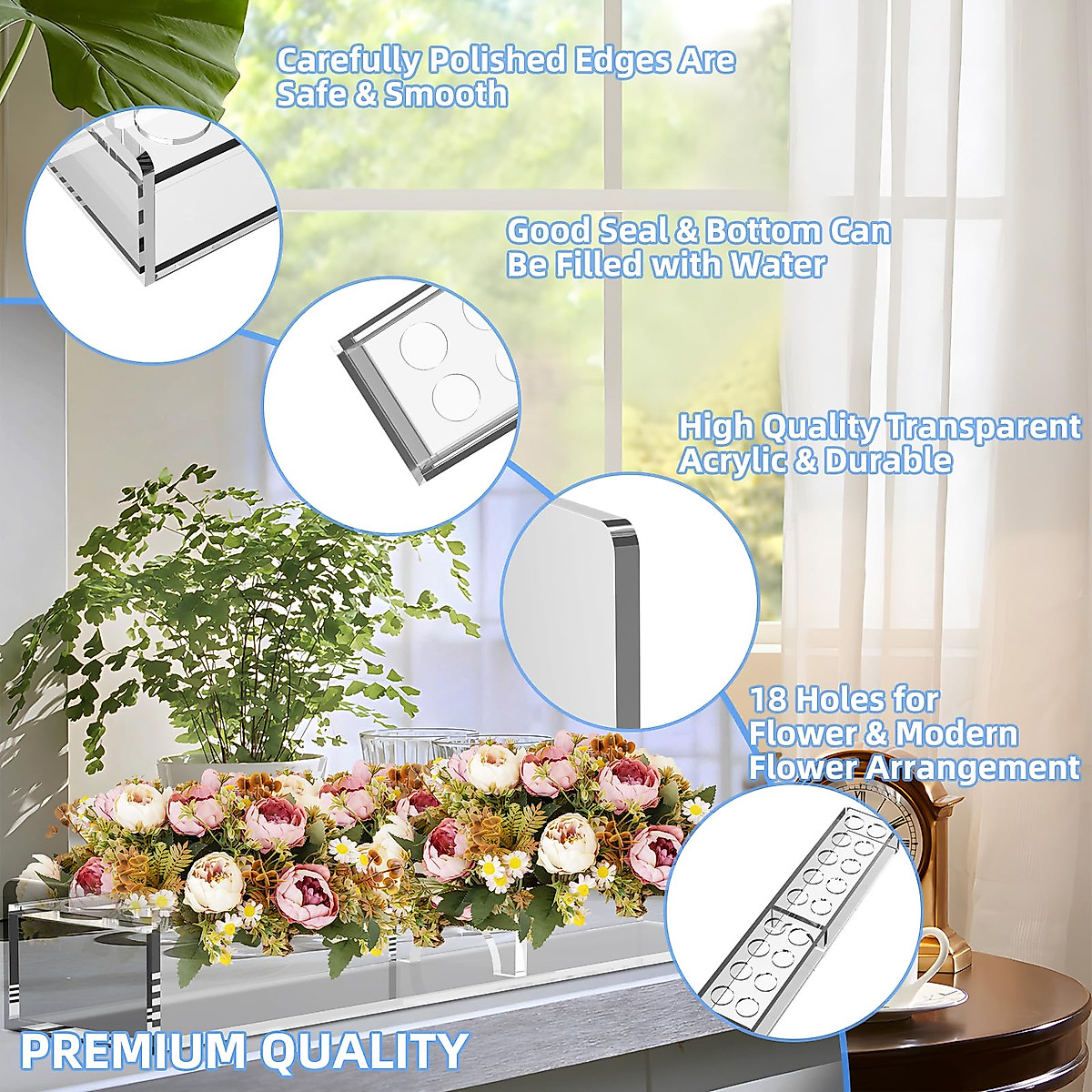 Acrylic Flower Vase Rectangular,18 Inches Clear Acrylic Vase,Long Acrylic Vase with 18 Holes,Low Laying Unique Flower Vases for Home Decor or Weddings