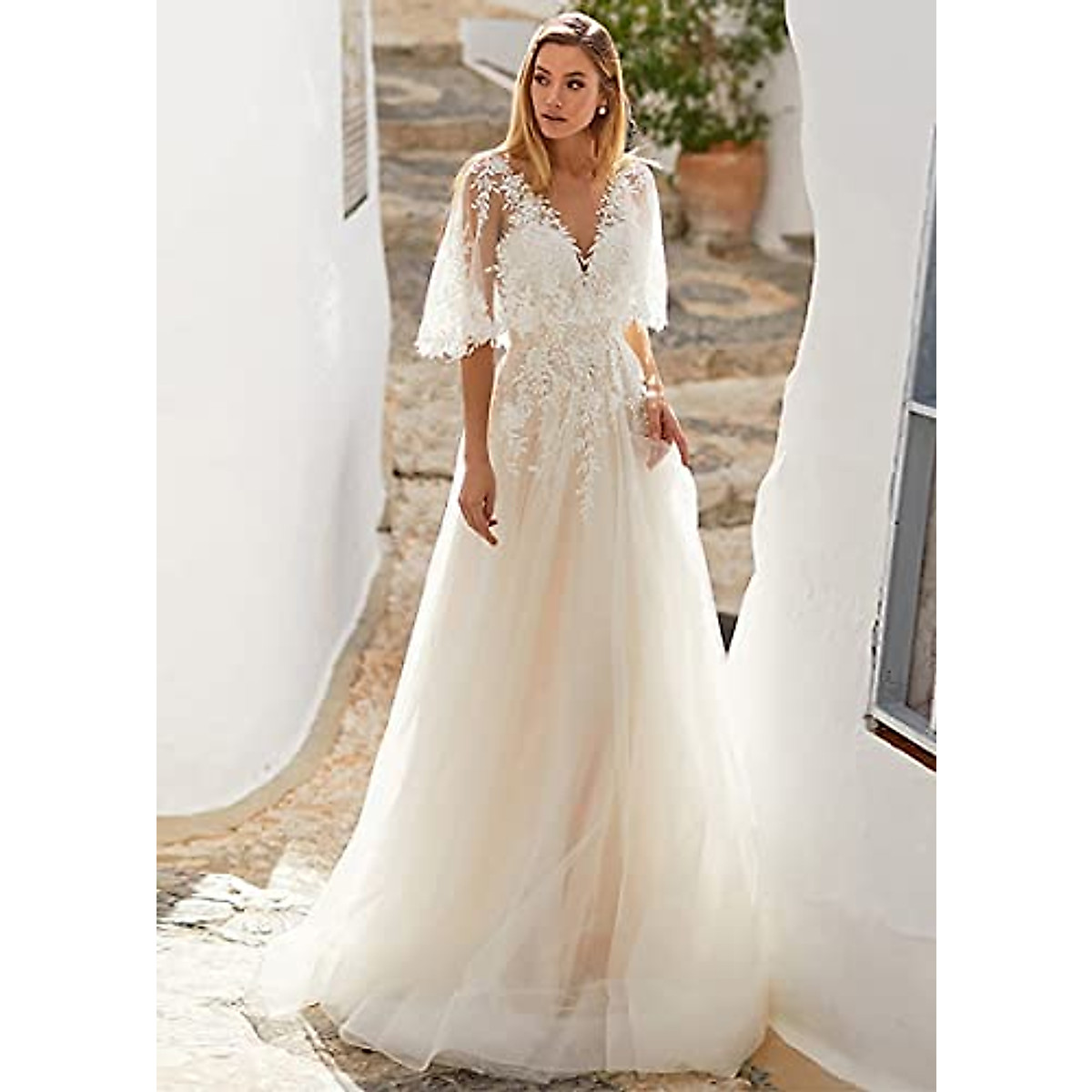 YMSHA Ball Gown Wedding Dresses Ivory Long Spaghetti Straps Sleeveless Lace Appliques Bohemian Bridal Gowns for Wedding Party 10