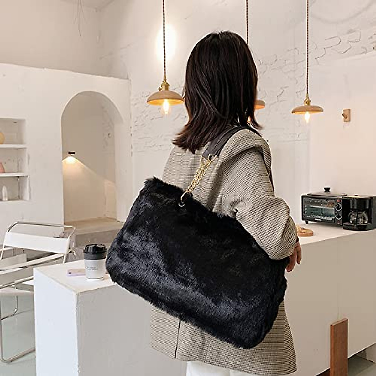 Aisa Choice Women's Faux Fur Tote Purse Furry Leopard Large Capacity Shoulder Bag Satchel Handbag … (Black)