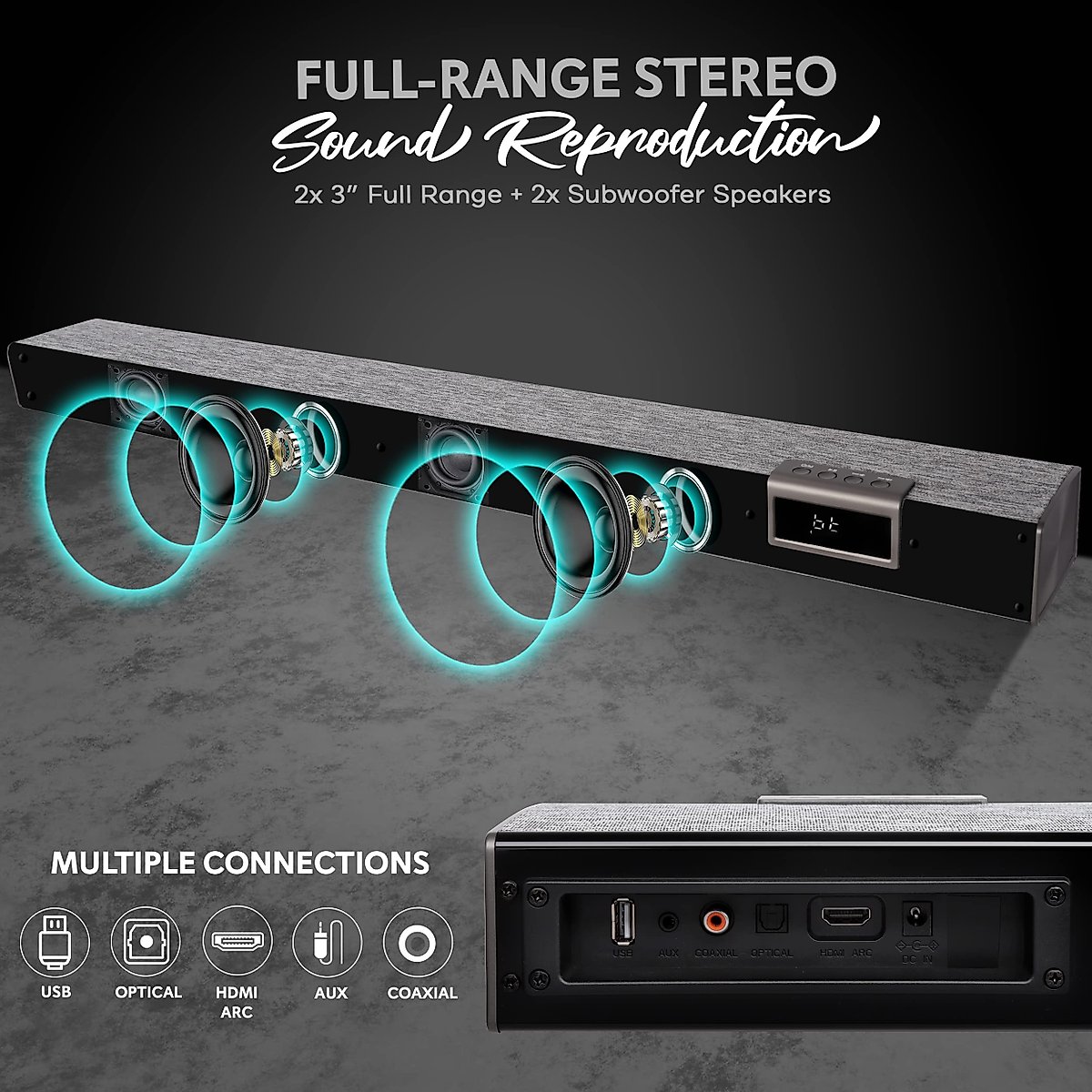 Pyle Built-in Class D Stereo Power Amplifier 35'' 2.1 Channel Soundbar - Wireless Bluetooth with Remote Control, BT Technology, Optical Input, Built-in LED Lights