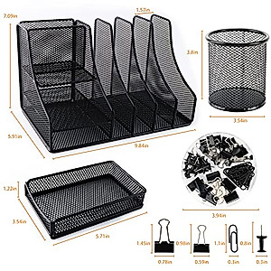 Desk Organizers and Accessories, Mesh Desk Organizer with Sliding Drawer + Pen Holder/72 Clips Set, 4 Vertical File Organizer to Collect Office Supplies, Black Desk Organizers for Home, Office, School