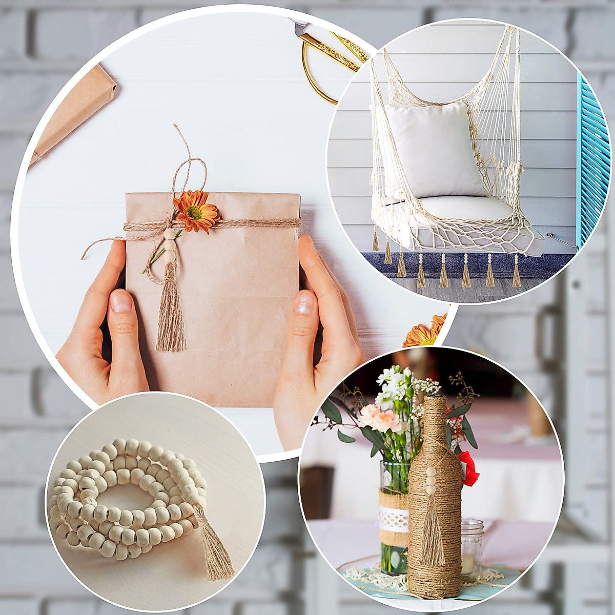 40 Sets Jute Tassels with 3 Wood Beads Natural Jute Rope Burlap Tassels for Christmas Tree DIY Craft Wood Beads Garland Project Wedding Home Party Decorations