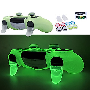 RALAN Controller Skin for PS4 Silicone Cover Glow in Dark Protective Case for PS4/slim/PS4 Pro Dualshock 4 Controller.+ 8 Glow Thumb caps and Back Sticker + L2 R2 Extended caps.