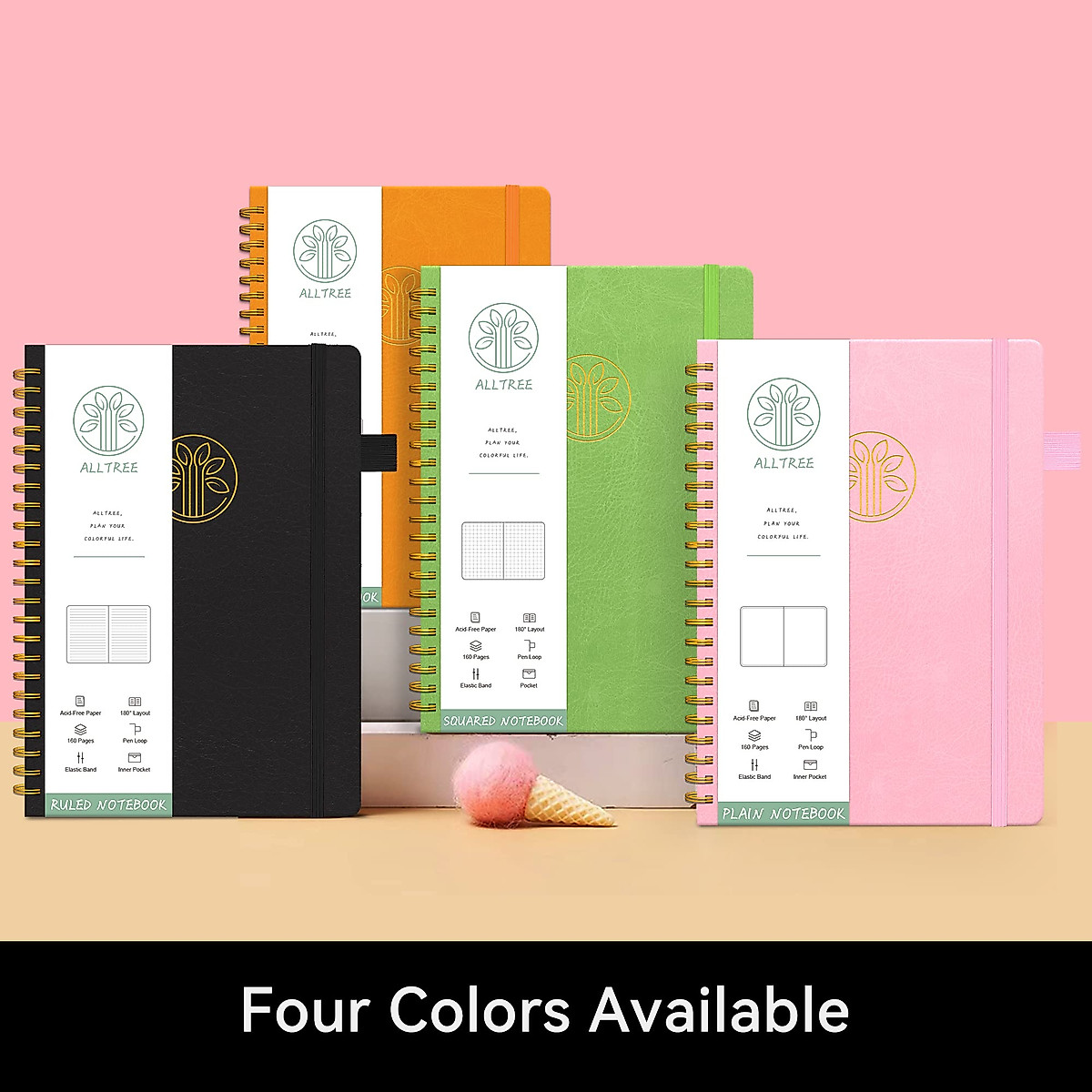 Alltree Lined Journal Notebook, Spiral Notebook for Work, Leather Hardcover Spiral Notebook with Tabs, Pen Loop, Pocket, Stickers, 160 Pages, Journal for Women & Men, Black(6"x8.5")