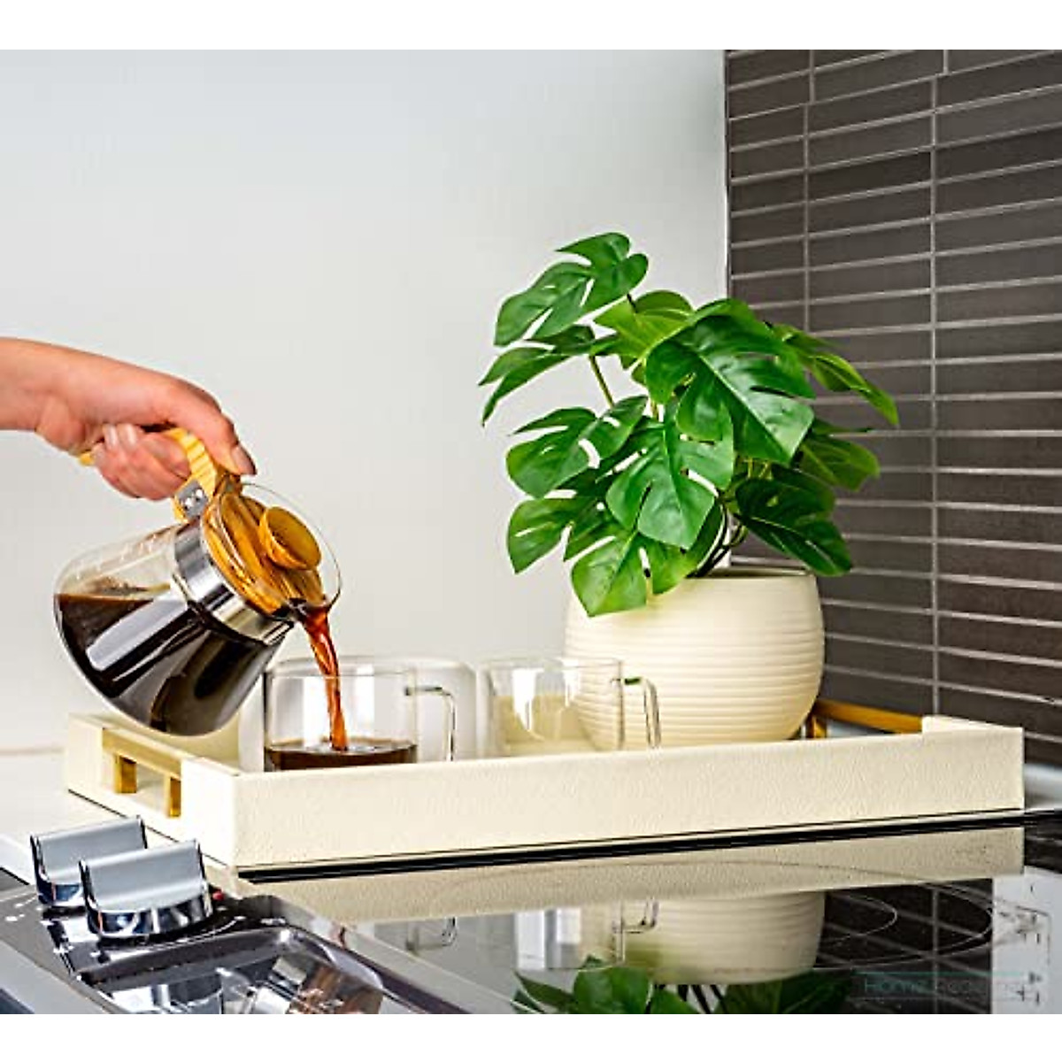 Modern Elegant 18"x12" Rectangle Cream Glossy Shagreen Decorative Ottoman Coffee Table Perfume Living Room Kitchen Serving Tray with Gold Polished Metal Handles by Home Redefined for All Occasion's