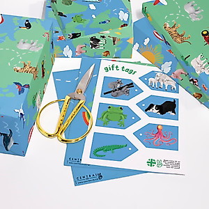 CENTRAL 23 World Map Wrapping Paper - Kids Wrapping Paper - 6 Sheets Blue Gift Wrap - Animals - Birthday Wrapping Paper For Boys Girls - Baby Shower - Recyclable