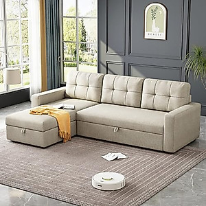 Ball & Cast 81.5" L-Shaped Convertible Sleeper Sofa, Upholstered Sectional Couch Pull Out Sofa-Bed with Storage Chaise & Removable Back Cushions, Beige