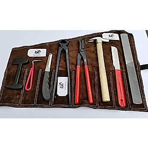 Lift Sports Professional Heavy Duty Horse Farrier Tools Kit Hoof Nipper Clincher Rasp Hammer Knife Forge Nail Grooming Kit with Leather Roll Up Wallet