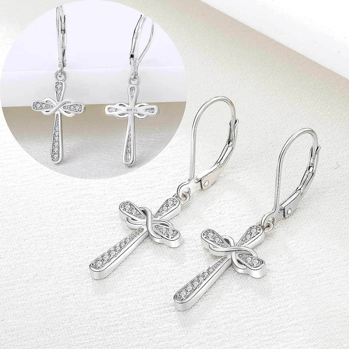 YL Cross Earrings Sterling Silver Infinity Dangle Drop Earrings Cubic Zirconia Criss Leverback Jewelry
