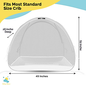 Small Size Crib Safety Canopy Net or Tent Pop Up Mesh Cover Stops Climbing Stuck Limbs See Through Netting for Baby & Toddler Bed with Ties Zippers Bags by Baby Movs 47x26x52 in White