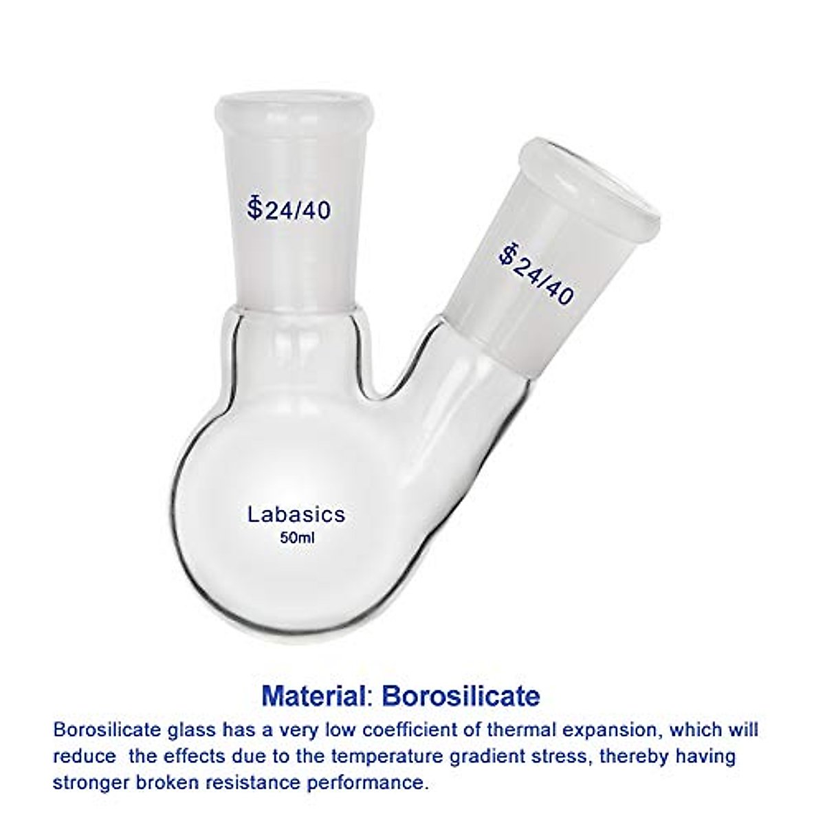 Labasics Glass 50ml 2 Neck Round Bottom Flask RBF, with 24/40 Center and Side Standard Taper Outer Joint, 50ml