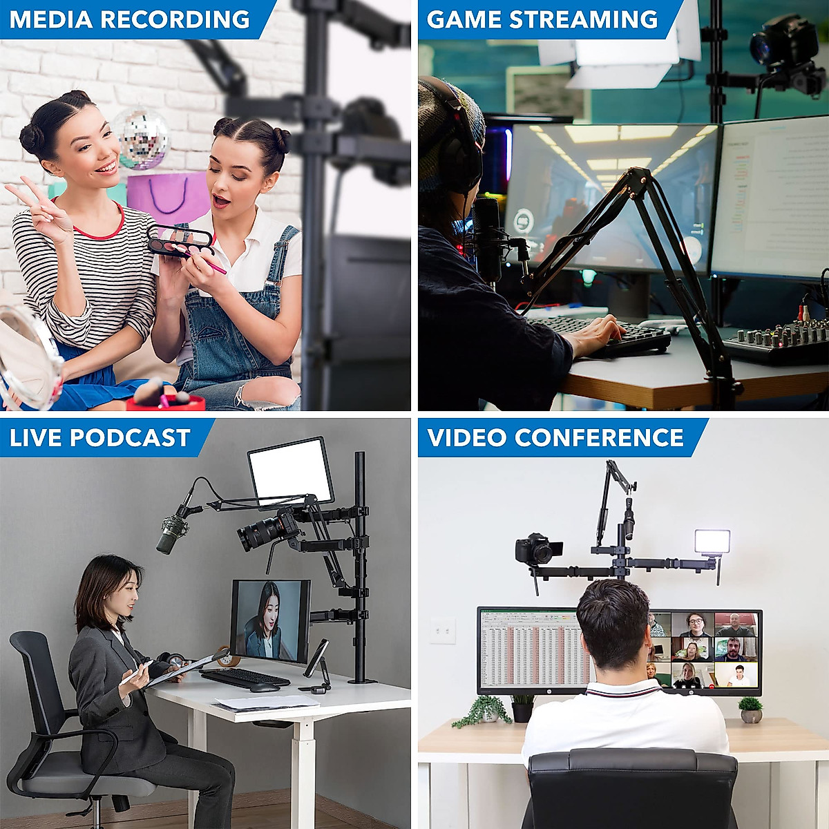 Mount-It! All in One Live Streaming Equipment | 5 Arm Streaming Desk Mount That Holds Dual Monitors, Cameras and Ring Light with Mic | YouTube Setup for Recording and Facebook Live Equipment