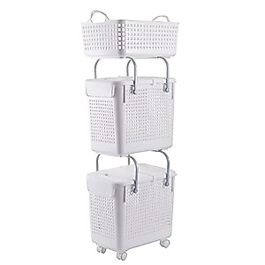 HANAMYA 3 pieces of Laundry Hampers Basket, with Lid and Wheels, Modern Hollow-carved Design, White