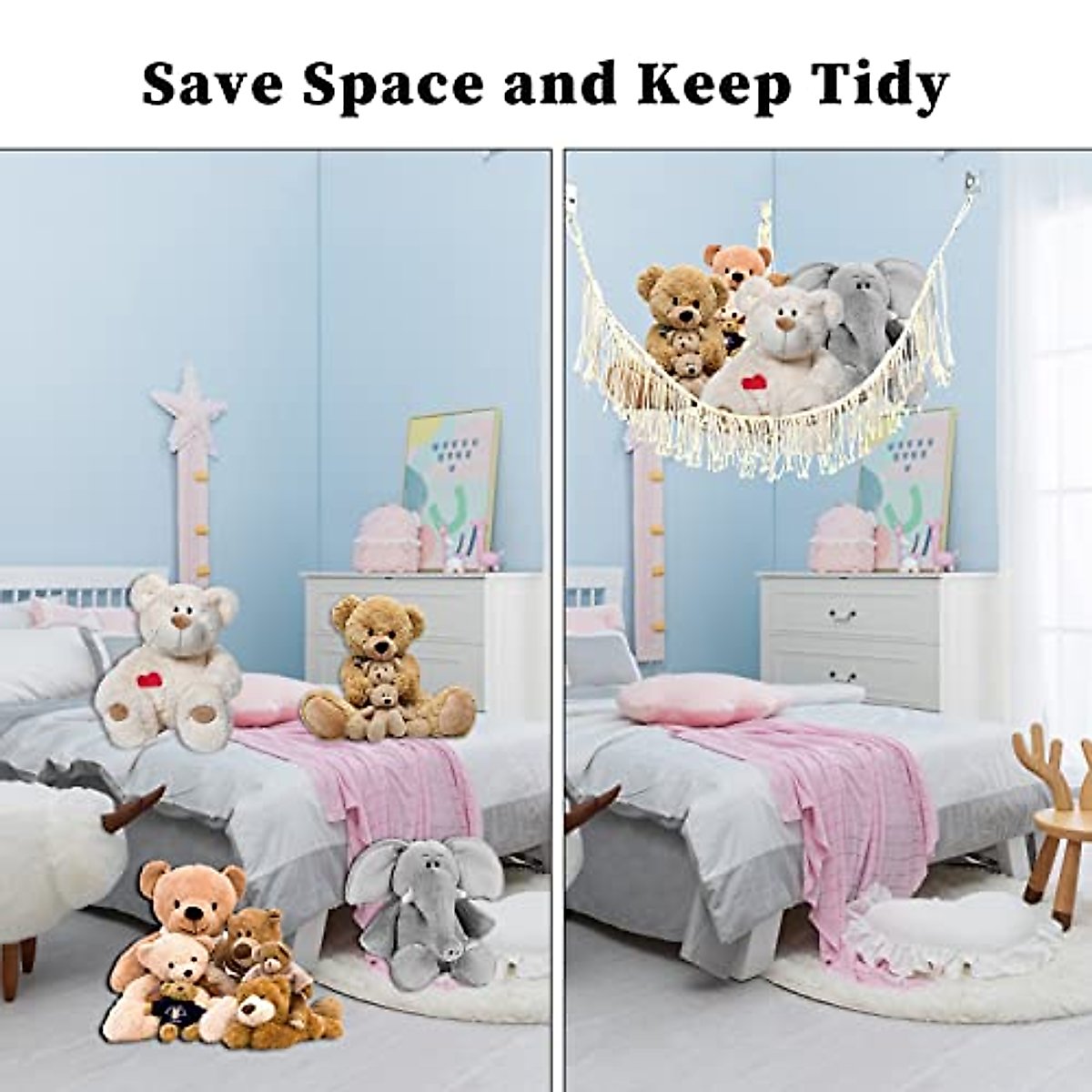 Boho Stuffed Animals Net Or Hammock Large,55 inch Toy Hammock Macrame Stuff Animal Storage Corner Hanging Net Holder,Mesh Hammock Plush Toy Organizer with Tassel & Hooks for Bedroom