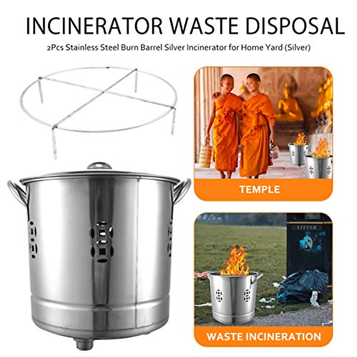 Happyyami 2Pcs Stainless Steel Burn Barrel Incinerator Cage Fire Pit Metal Garden Fire Cage Yard Debris Burn Incinerator Bin for Garden Paper Leaf Trash Wood Backyard Bonfire Silver 30cm