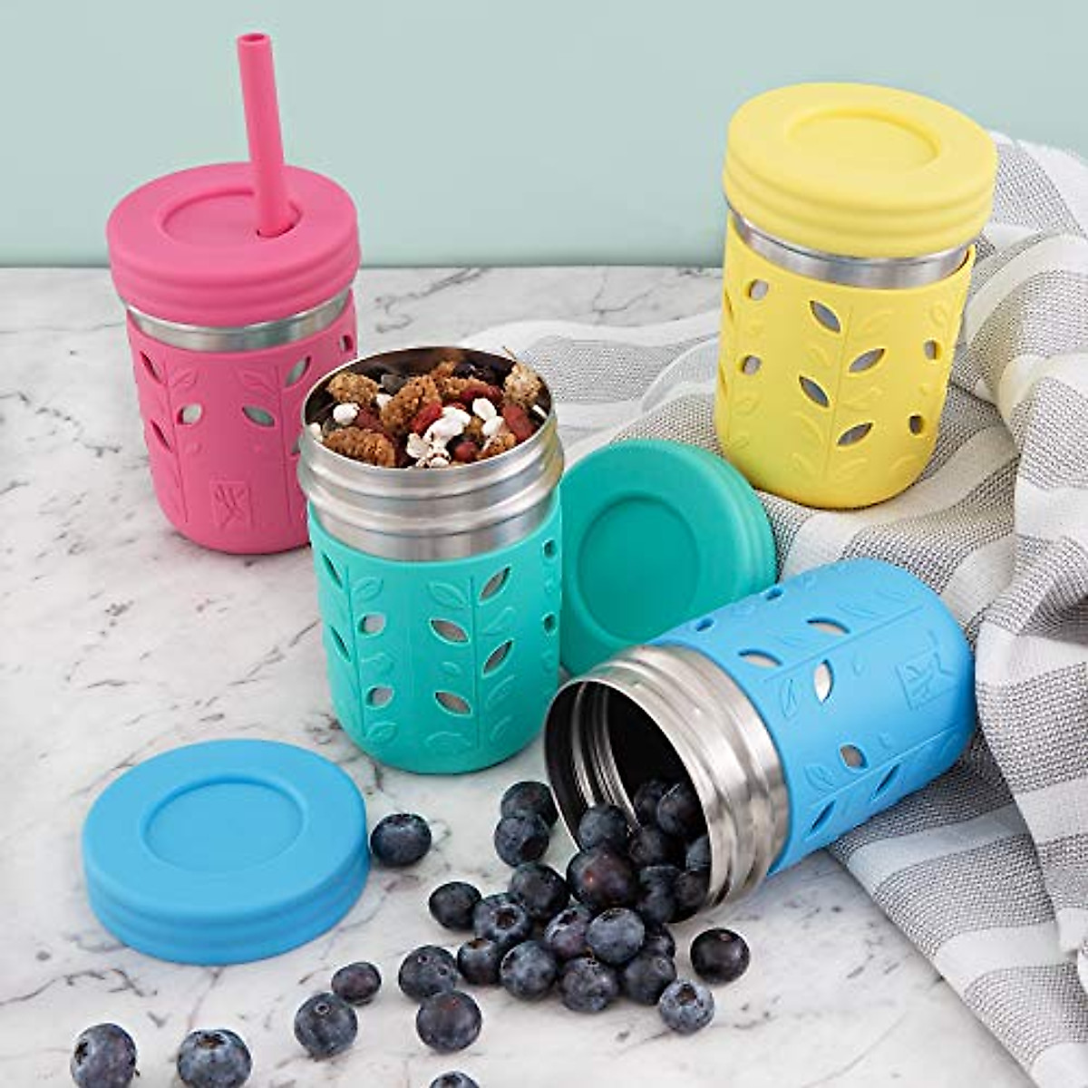 Elk and Friends Stainless Steel Cups | Mason Jar 10oz | Kids & Toddler Cups with Silicone Sleeves & Silicone Straws with Stopper | Sippy Cups, Spill Proof Cups for Kids, Smoothie Cups