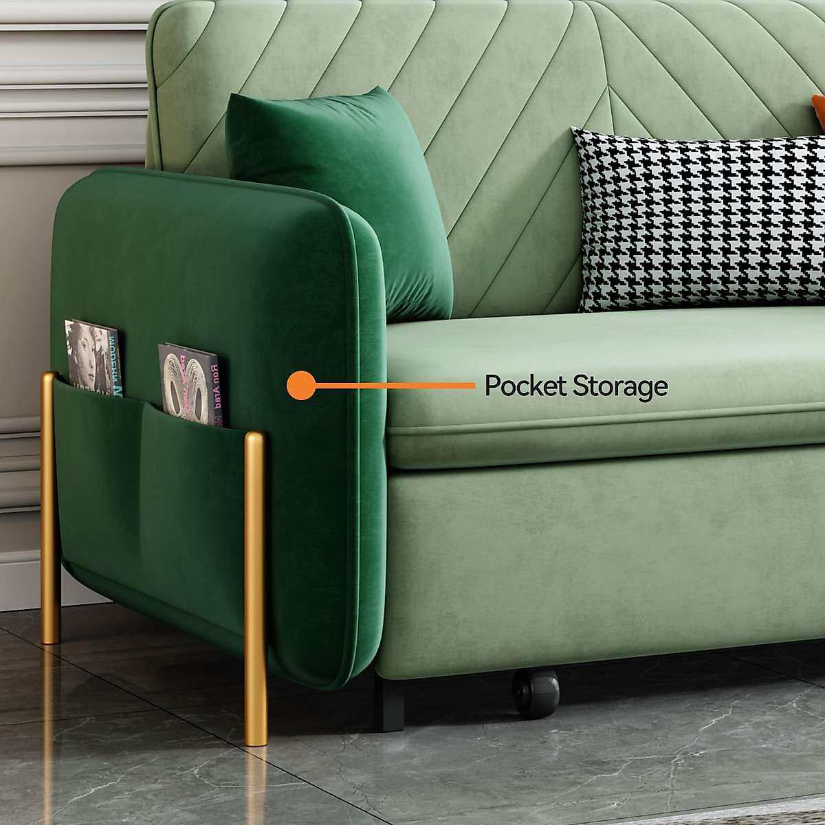 comfor u 53.5" Full Sleeper Sofa Green Upholstered Convertible Sofa Bed 3 in 1 Sleeper Sofa Couch Bed, Small Tufted Velvet Convertible Loveseat Futon Sofa w/Pullout Bed, Multi-Pockets for Living Room