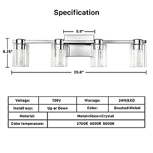 Eatich Bathroom Light Fixtures, Brushed Nickel Vanity Lights with Crystal Bubble Glass, Modern Bathroom Lights Over Mirror with Dimmable LED White/Neutral/Warm, 4-Light