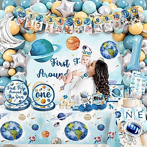 cocomigo 190pcs First Trip Around The Sun Decorations Set, Include Balloon Arch Kit, Backdrop, Plates, Tablecloth, Ballon Box, Etc, for 1st Trip Around The Sun Birthday Decorations Baby Shower