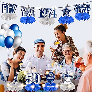 Bumqviy 9Pcs Happy 50th Birthday Honeycomb Decorations with String Lights for Men, Blue Silver Vintage 1974 Aged to Perfection Table Centerpiece Party Supplies, Fifty Years Birthday Table Sign Decor