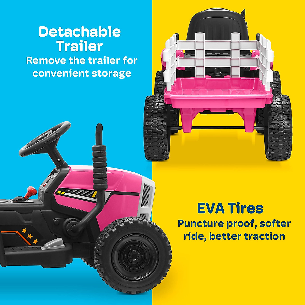 Kidzone 12V 7AH Premium Version with EVA Treaded Tires Dual 35W Motors Boost Power Torque Remote Control Powered Electric Tractor with Trailer Toddler Ride On Toy 3-Gear-Shift, 7-LED Lights, MP3