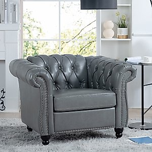 Dvasovio Accent Chair, Modern Chesterfield Chair Leather Upholstered Single Sofa with Tufted Back for Living Room Furniture (Grey)