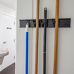 Carlisle FoodService Products Roll 'N Grip Plastic Broom Holder Wall Mount, Bathroom Organizer, Kitchen Organizer with Quick Release for Kitchen, Restaurant, Home, 1.75 Inches, Black, (Pack of 12)