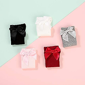 BSMTEBN 5Pairs Baby Kids Cotton Soft Breathable Knee-High Over Calf Socks Girls Striped Bowknot Bow Cute School Socks Infant Newborn Leg Warmers Stockings (M(2-4 Years))