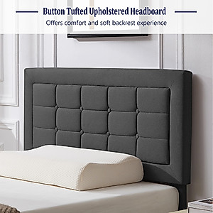 VECELO Twin Size Upholstered Bed Frame with Height Adjustable Fabric Headboard, Heavy-Duty Platform Bedframe/Mattress Foundation/Strong Wood Slat Support/No Box Spring Needed, Dark Gray