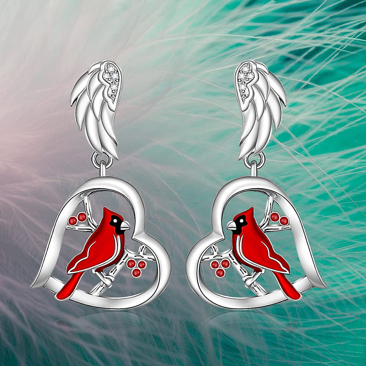 Cardinal Earrings for Women Sterling Silver Cardinal Appear When Angels Are Near Heart Red Bird Jewelry Dangle Memorial Gifts Angel Wing Studs