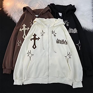 Ponitrack Unisex Zip Up Hoodies Y2k Flame Print Aesthetic Oversized Sweatshirt Vintage Graphic Jackets Streetwear (Brown,L,Large)