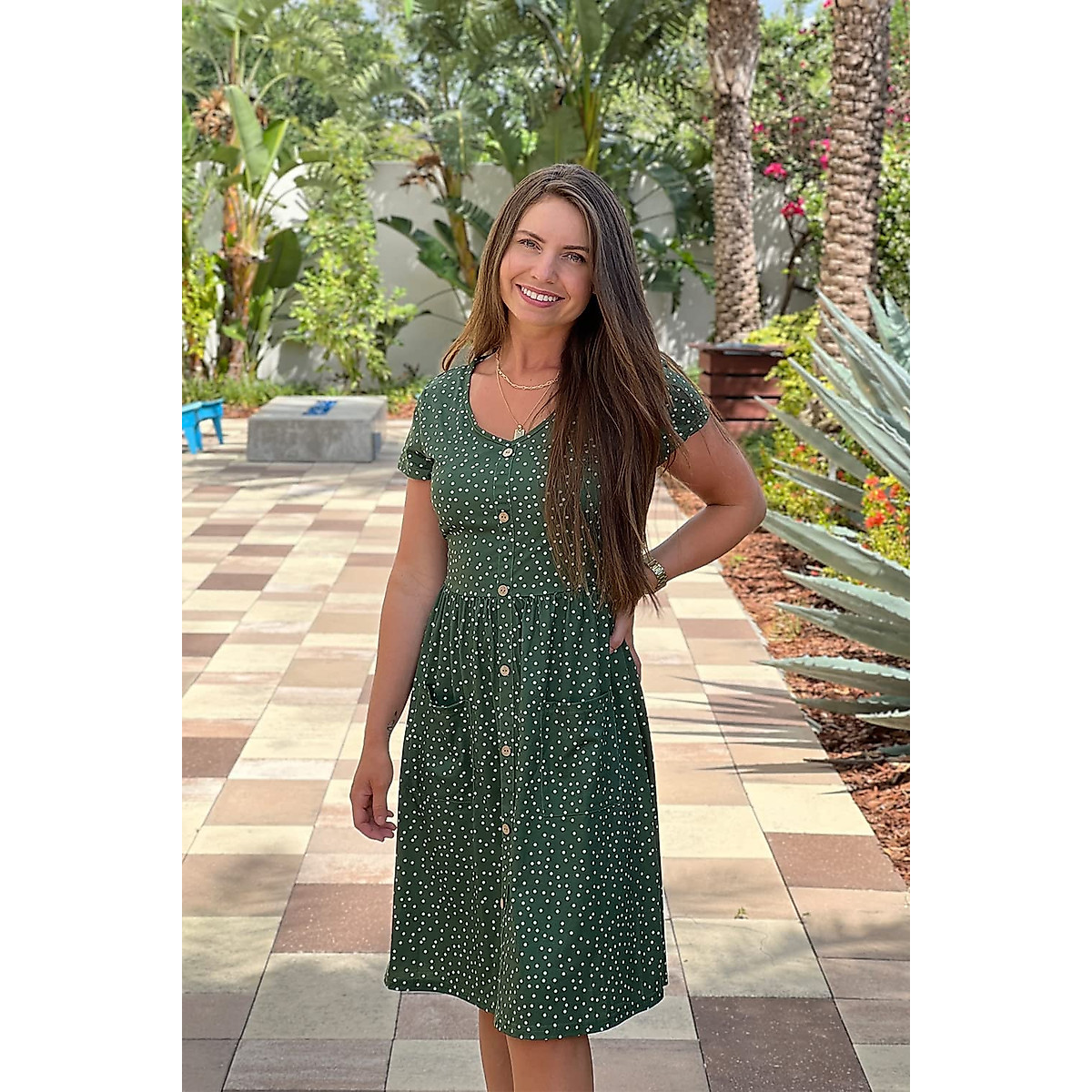 OUGES Casual Summer Short Sleeve Button Up Dress for Women 2025 Polka Dot Midi V Neck Skater Dress with Pockets(Green Polka Dot2,M)