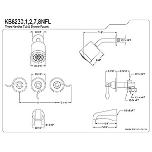 Kingston Brass KB8238NFL French Tub and Shower Faucet with 3 Nuwave Handle, Brushed Nickel