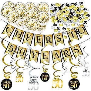 50th Birthday and Anniversary Decorations Party Pack - Cheers to 50 Years Banner, Balloons, Swirls and Confetti Party Supplies