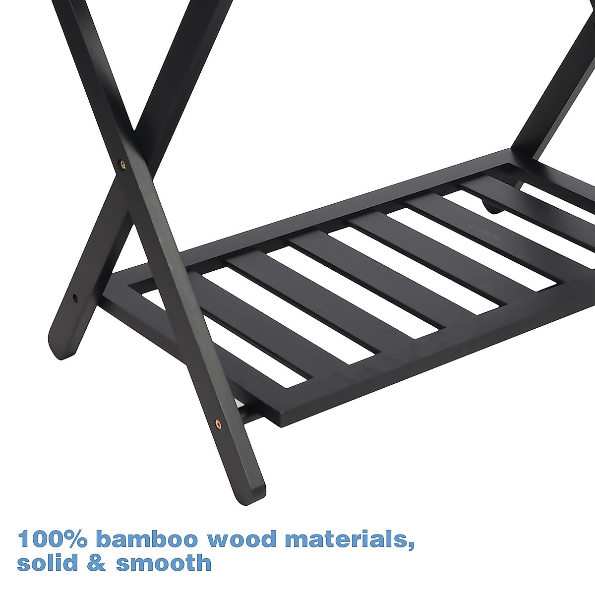 ALAPUR Folding Luggage Rack for Guest Room,Bamboo Suitcase Stand Holder with Shelf for Home Hotel Bedroom,Black