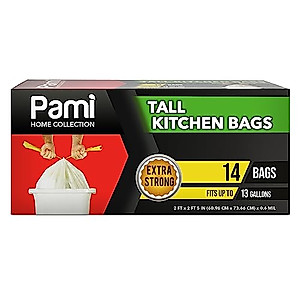 PAMI Tall 13-Gallon Kitchen Drawstring Trash Bags [14-Pack, White] - Extra-Strong Plastic Garbage Bags- Thick Trash Can Liners For Kitchen, Bathroom & Outdoor Bins- 2ft x2ft Unscented Trash Bags