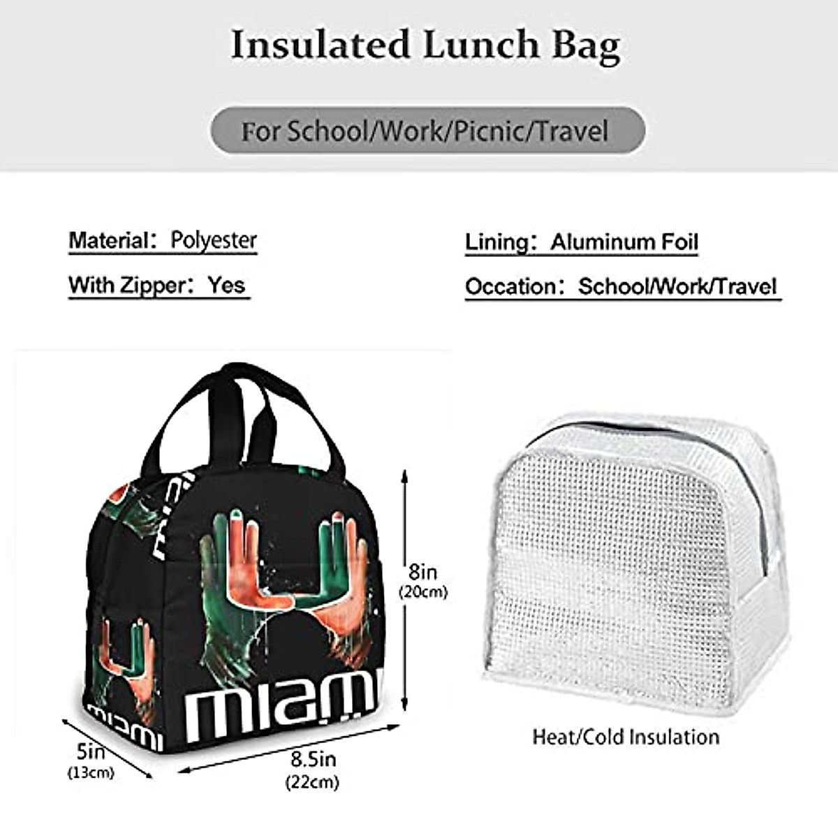Arneycal Miami Hurricanes Limited Edition Portable Insulated Lunch Bag Waterproof Tote Bento Bag