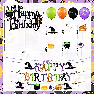 Halloween Birthday Party Decorations, Halloween Happy Birthday Banner Garland Halloween Cake Topper Latex Balloons Set for Halloween Birthday Party Supplies Baby Shower Halloween Bar Home Decor