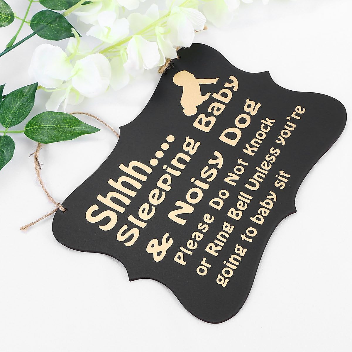 WINOMO Shhh Sleeping Baby Door Sign Do Not Disturb Sign Baby Room Hanging Wooden Decorative (Black)