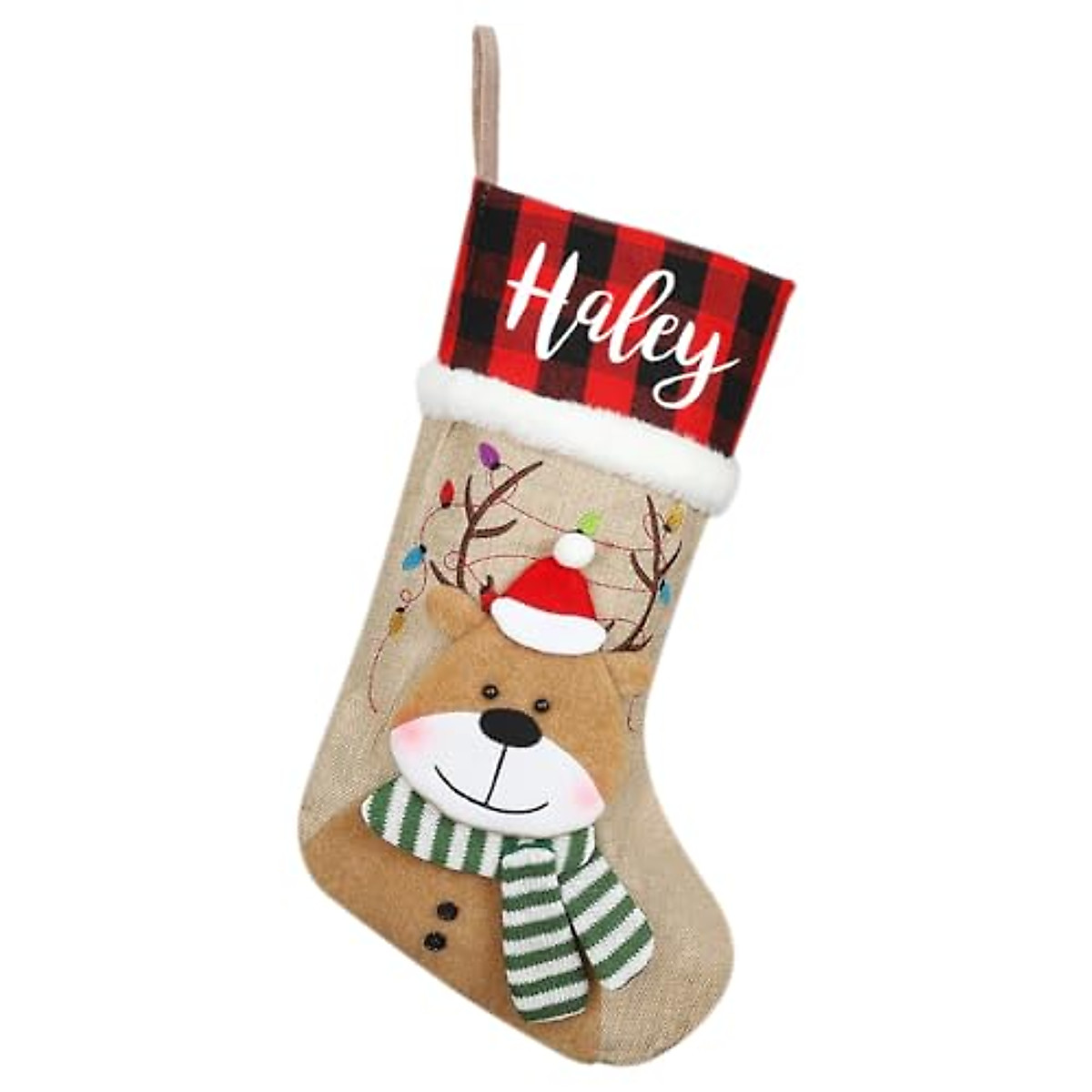 Dreamdecor Christmas Stockings Personalized with Name, 18" Christmas Stocking Deer Gnome Santa Snowman Burlap Plaid Xmas Stocking Holiday Christmas Decoration Gifts for Family Kids